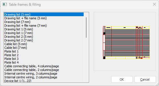 Select table frame for filling