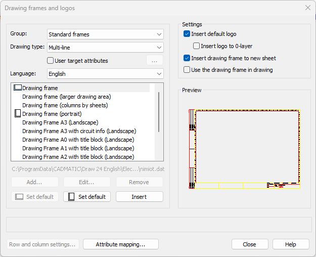 Manage drawing frames/labels and logos