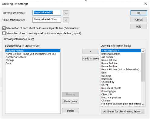 Define drawing list settings