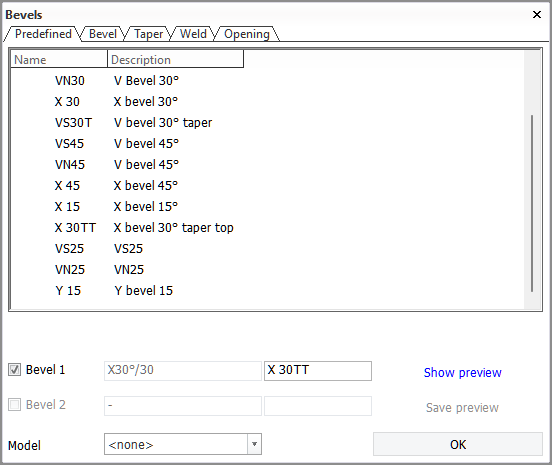 Bevel properties for predefined bevels