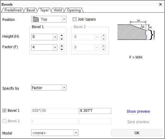 Bevel properties for predefined bevels